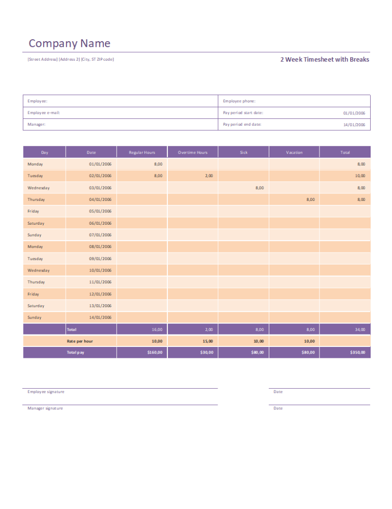 Printable 2-Week Timesheet Template