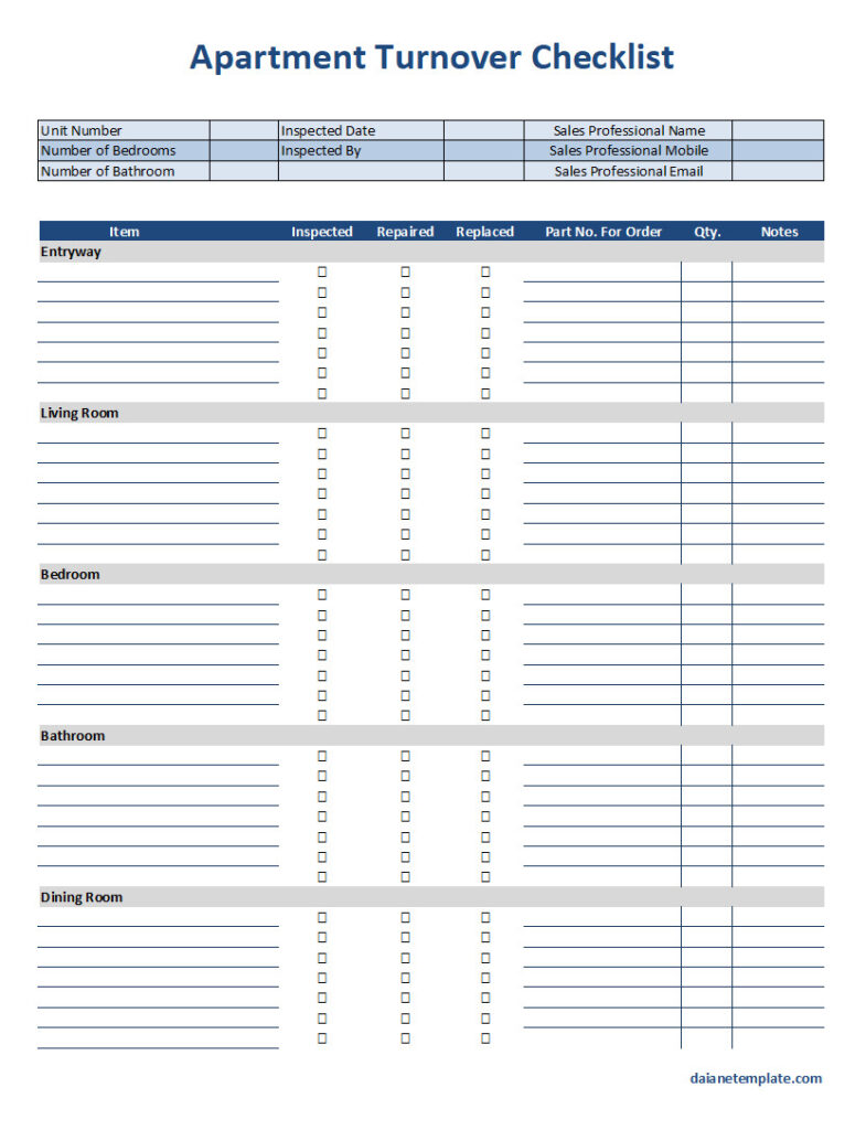 Printable Apartment Turnover Checklist Template