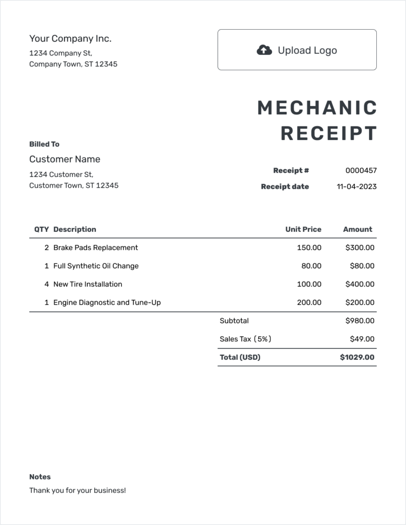 Printable Auto Repair Receipt Template