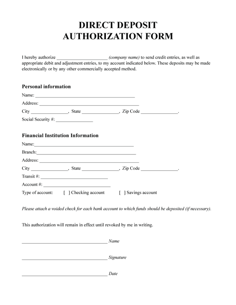 Printable Bank Direct Deposit Form