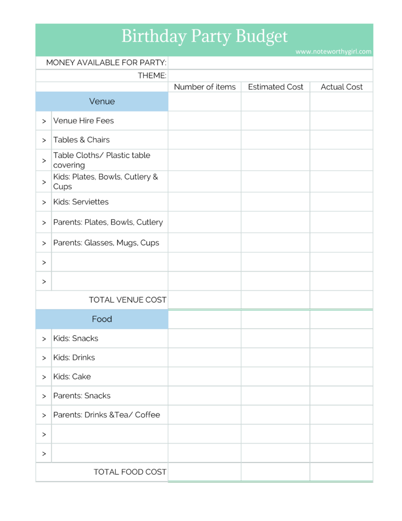 Birthday Party Budget Template (Excel)