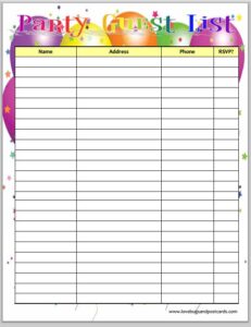 Printable Birthday Party Guest List Template