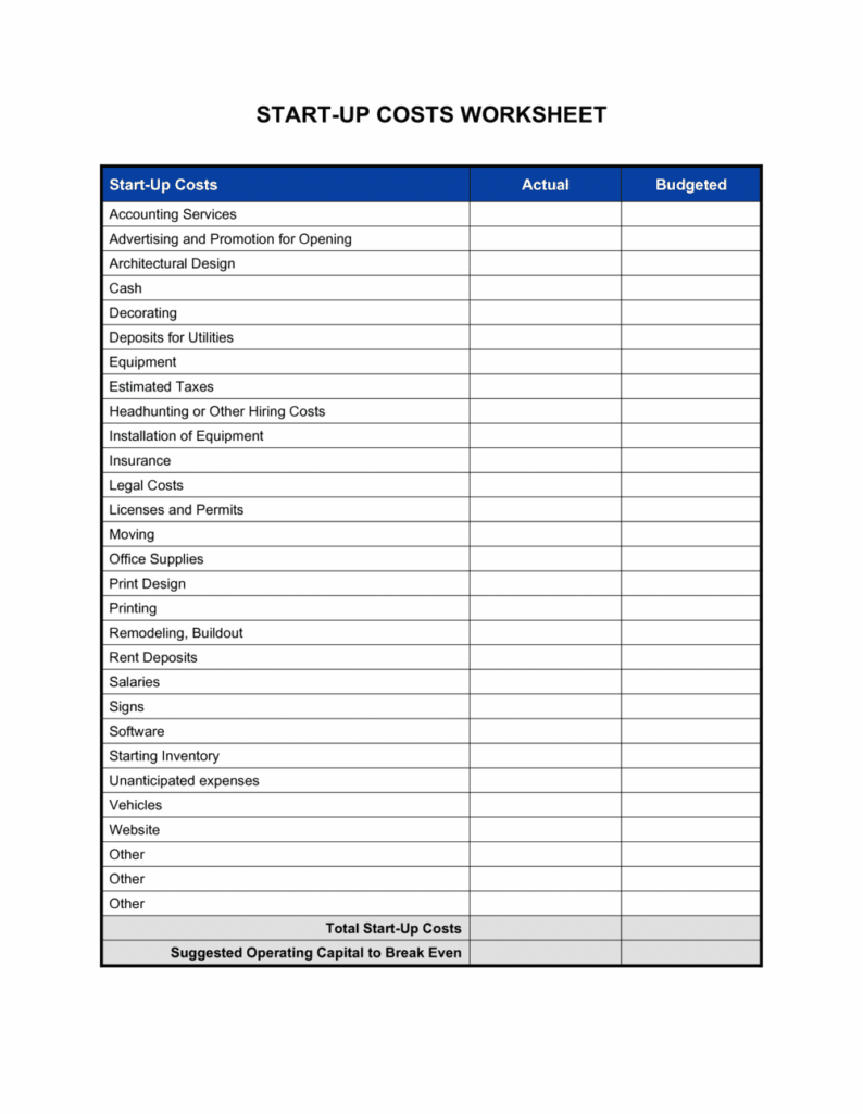 Business Start-up Cost Calculation Worksheet Template