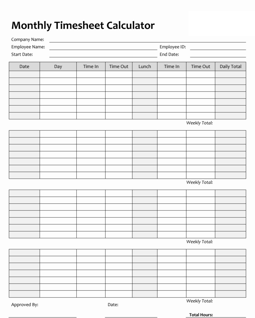 Printable Calendar Timesheet Template