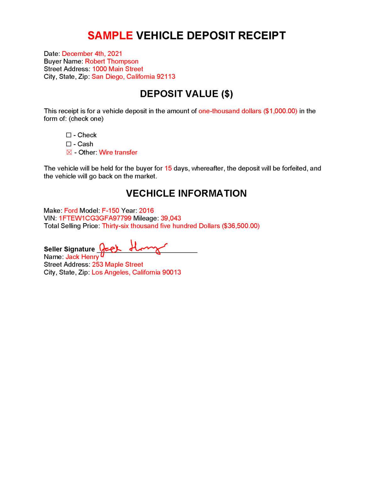 Printable Car Deposit Receipt Template