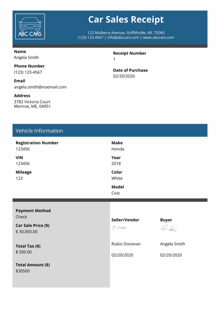 Printable Car Deposit Receipt Template