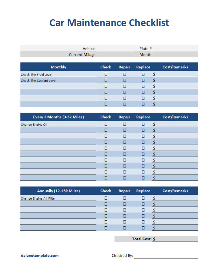 Printable Car Maintenance Checklist Template