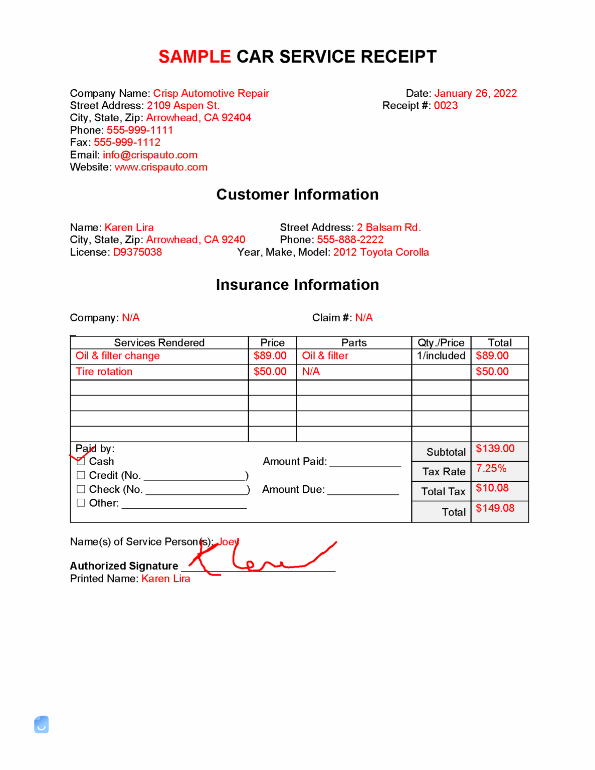 Printable Car Repair Receipt Template