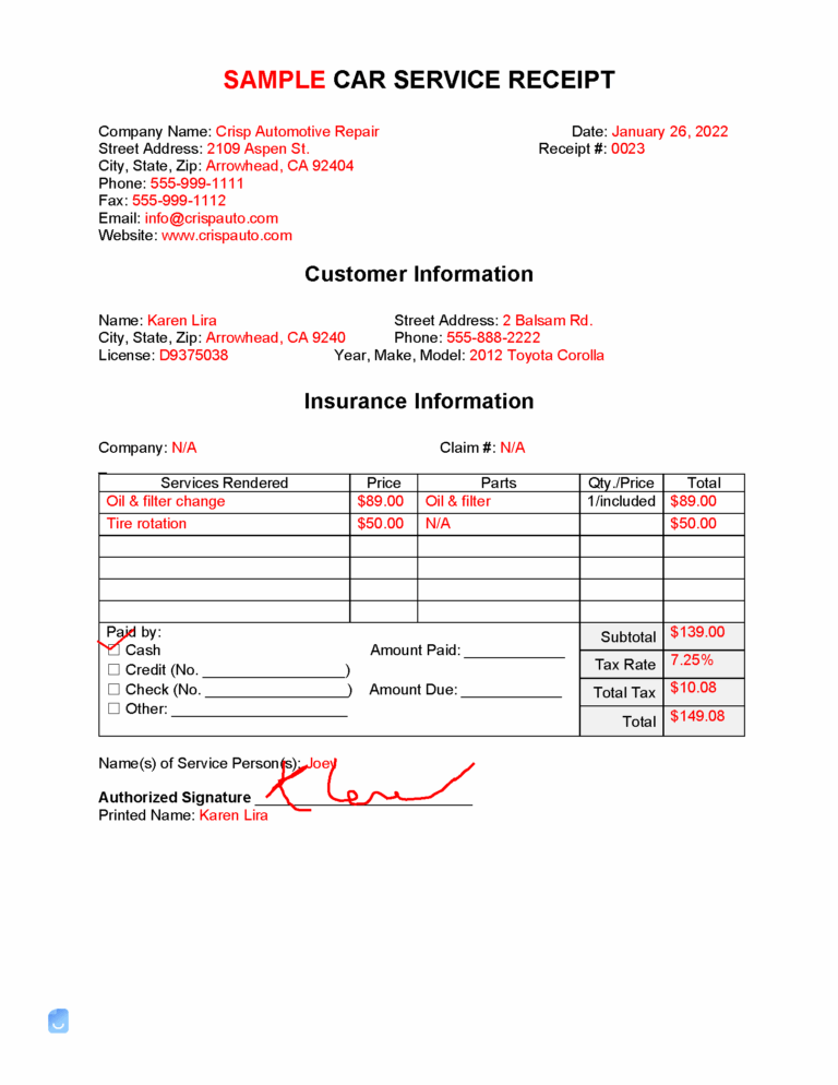 Printable Car Repair Receipt Template