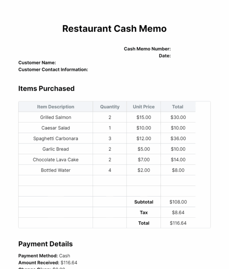 Printable Cash Memo Format Template