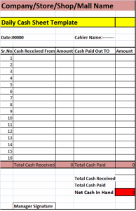Cashier Balance Sheet Template (Excel)