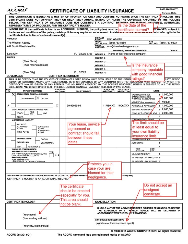 Printable Certificate of Insurance Template