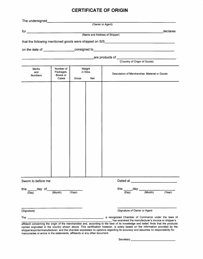 Certificate of Origin Template (Word)