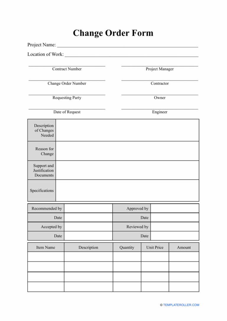Free Printable Change Order Template