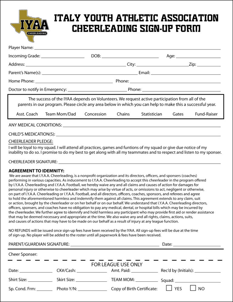 Cheerleader Sign-up Sheet Template