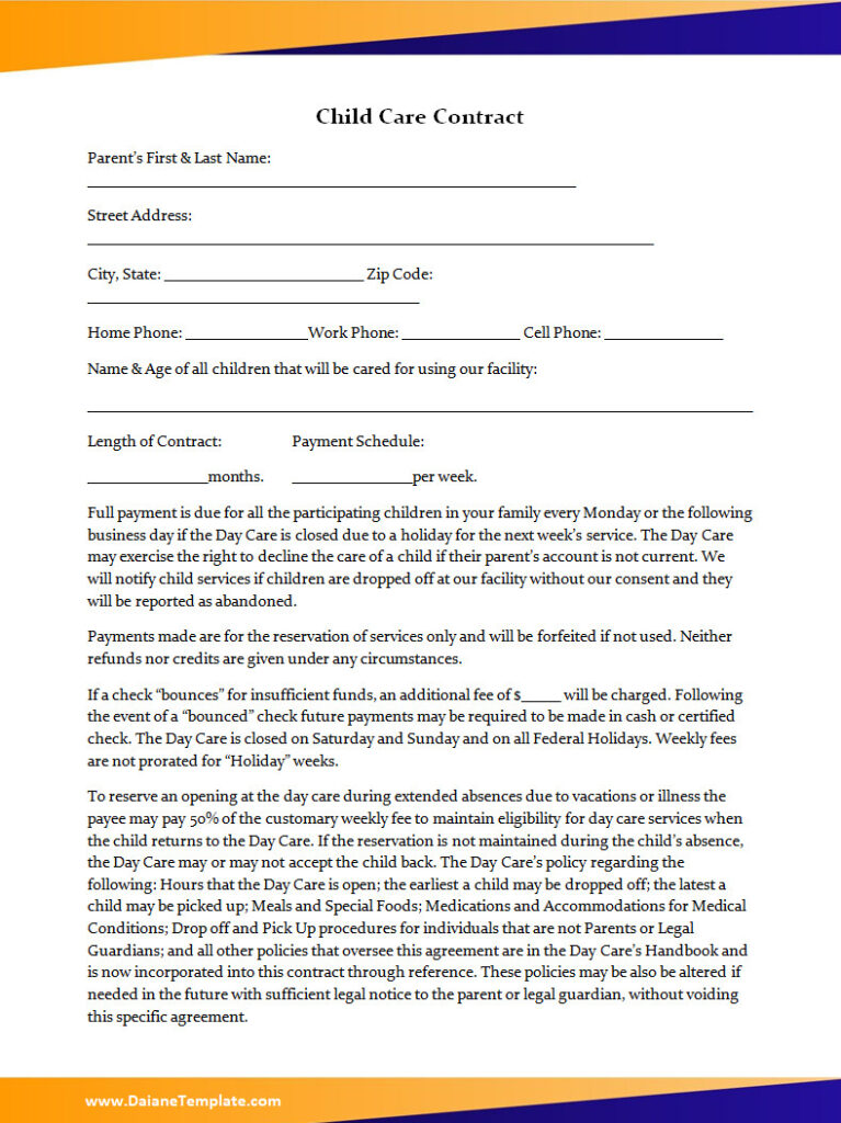 Free Editable Daycare Contract Template