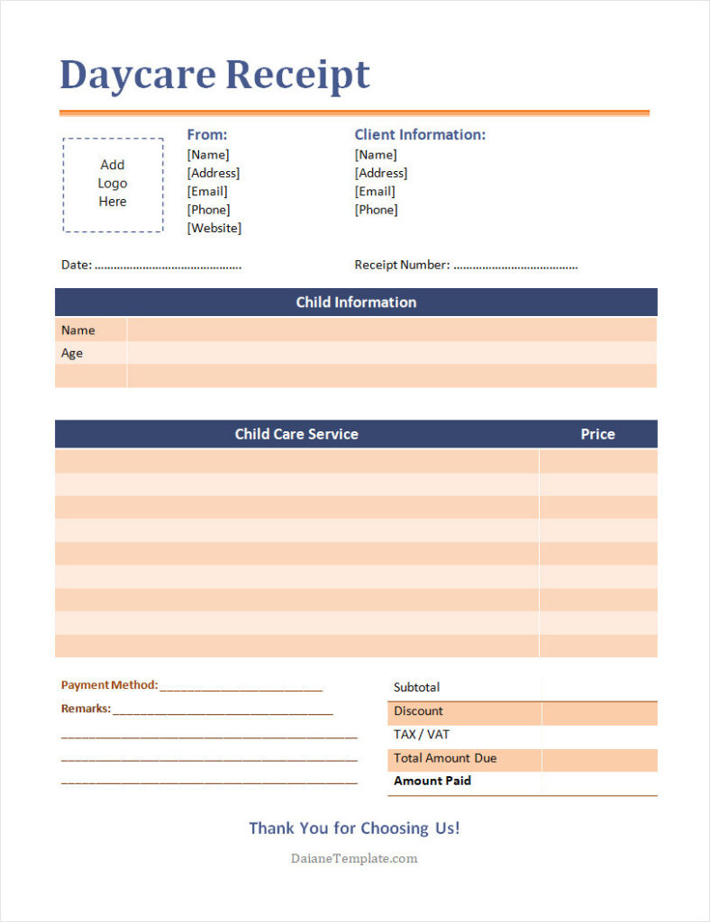 Free Printable Daycare Receipt Template
