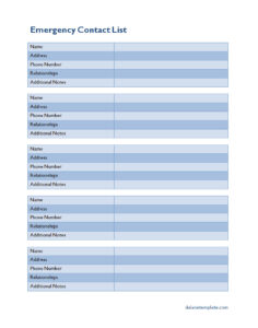 Printable Emergency Contact List Template