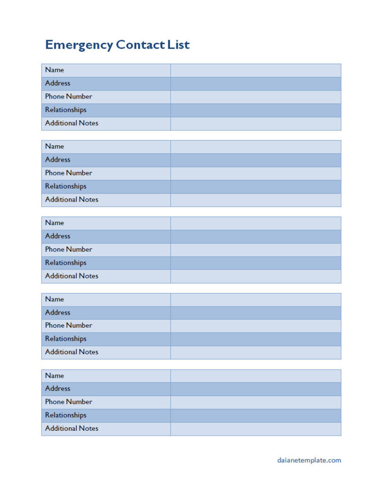 Printable Emergency Contact List Template
