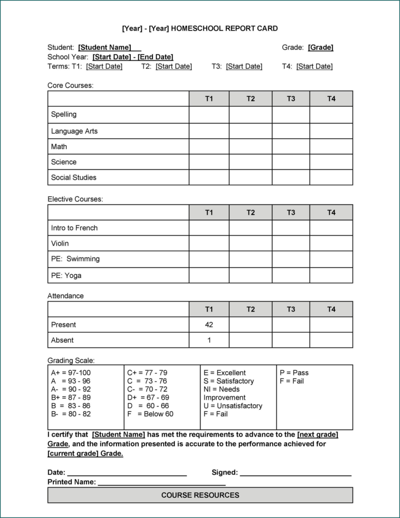 Printable College Report Card Template