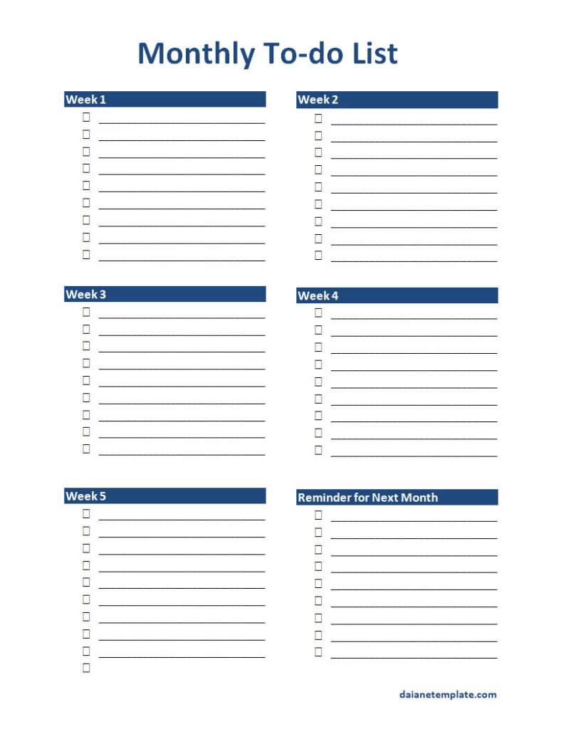 Printable Monthly To-do List Template