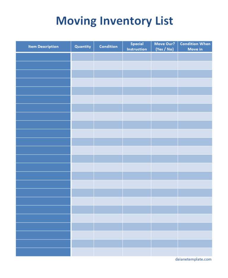 Printable Moving Inventory List Template
