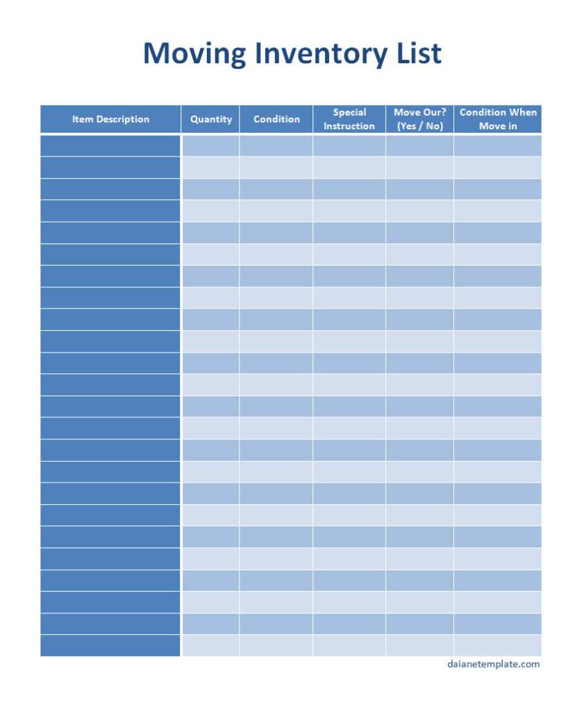Printable Moving Inventory List Template