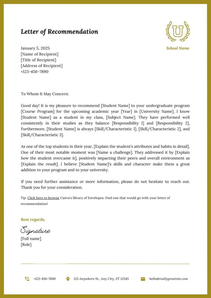 Academic Letter of Recommendation Template