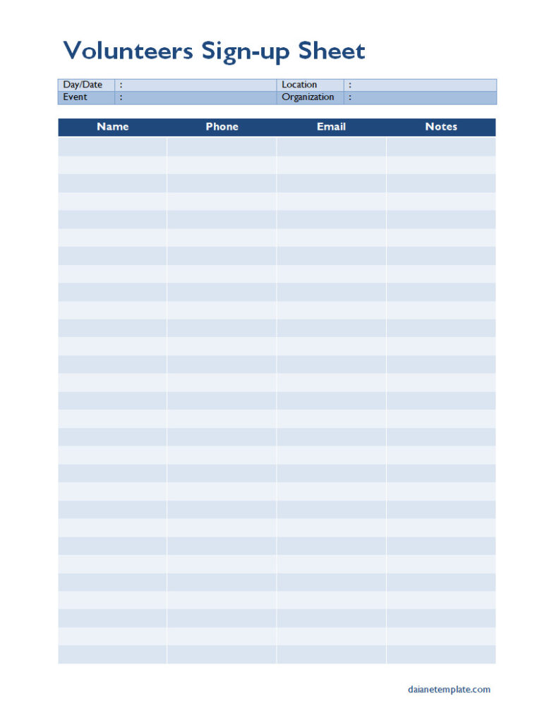Printable Volunteer Sign-up Sheet Template