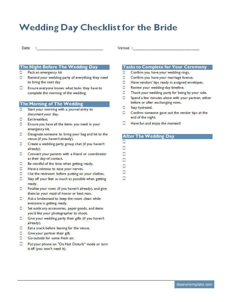 Wedding Day Checklist for The Bride