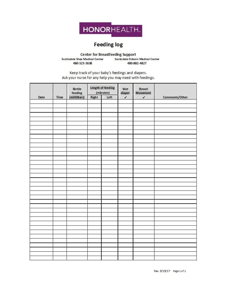 Printable Baby Feeding Chart Template