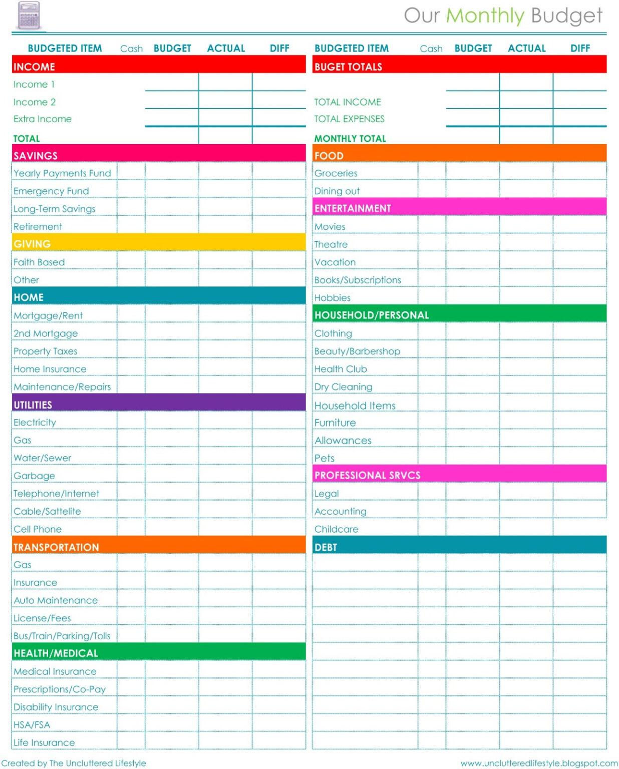 Family Monthly Budget Template